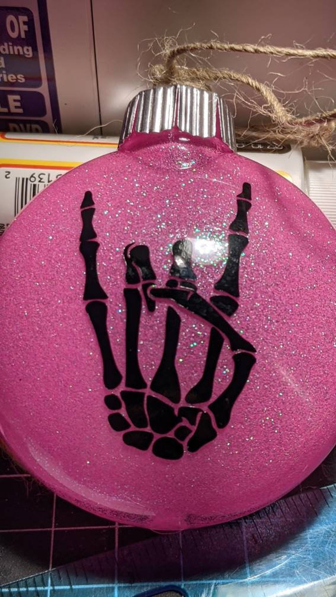 Pink Glitter Rock on Skeleton Hand Christmas Tree Bulb - Etsy
