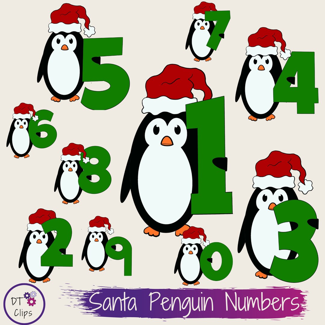 Christmas Clipart, Number Penguins, Counting, Santa Hat, PNG Commercial ...