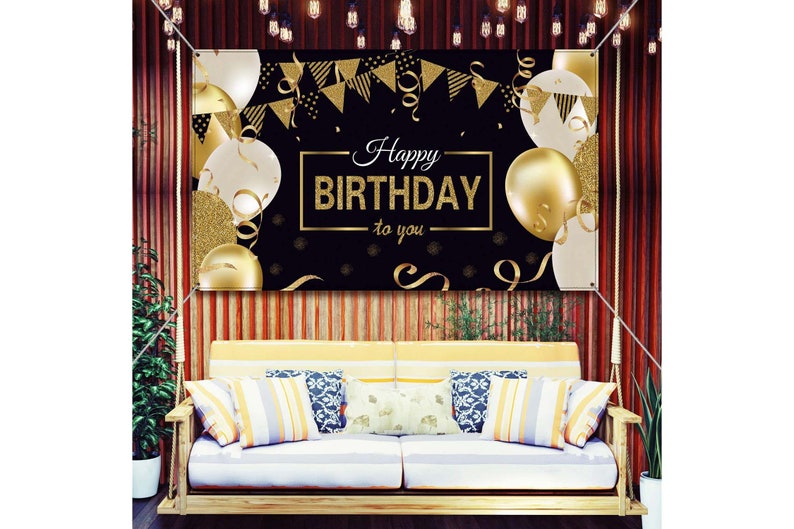 Happy Birthday Backdrop Banner Extra Large Black Gold Sign Etsy