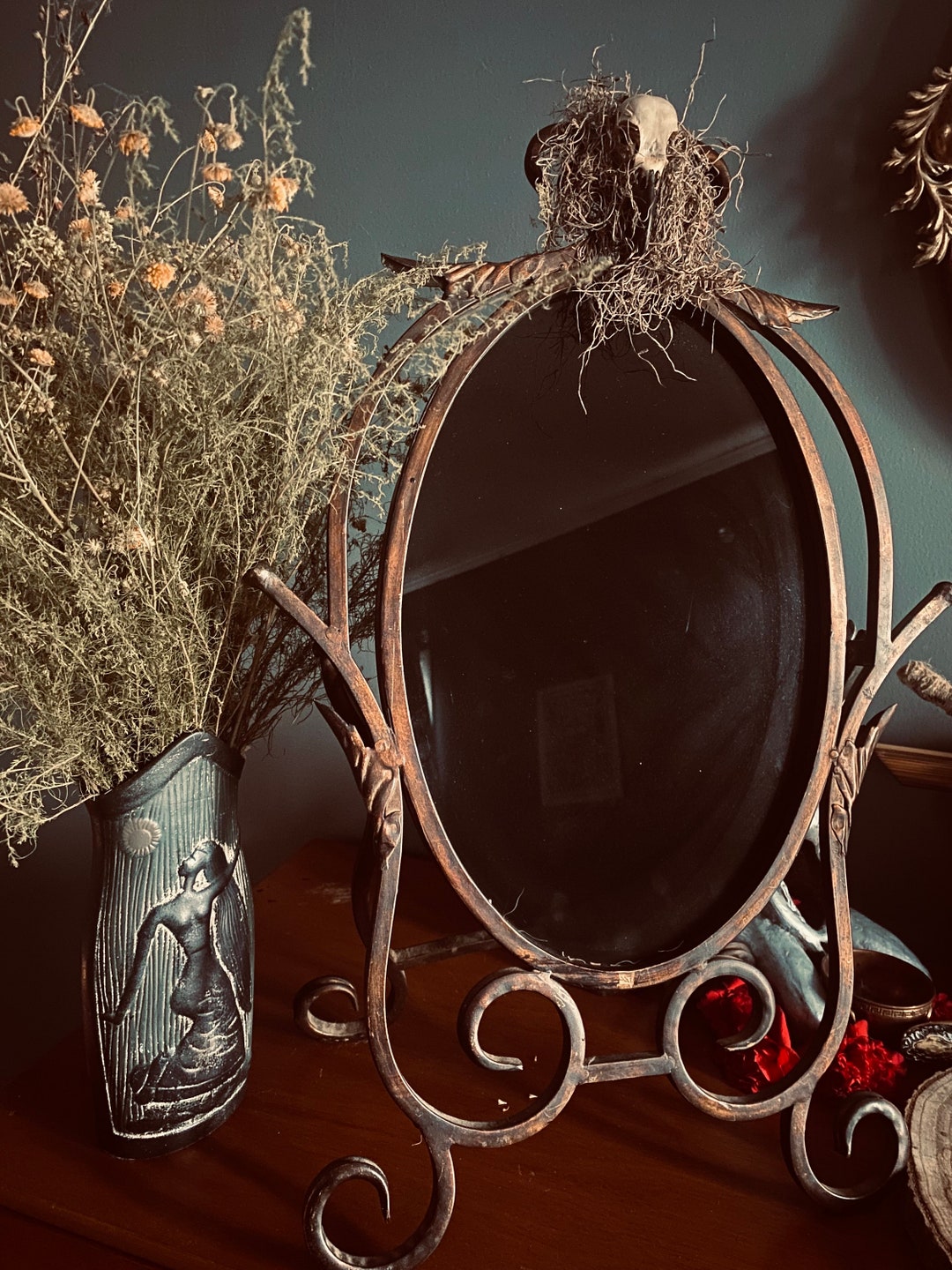 Black Scrying Mirror With Raven Head Divination Witchcraft Witch Spirit ...