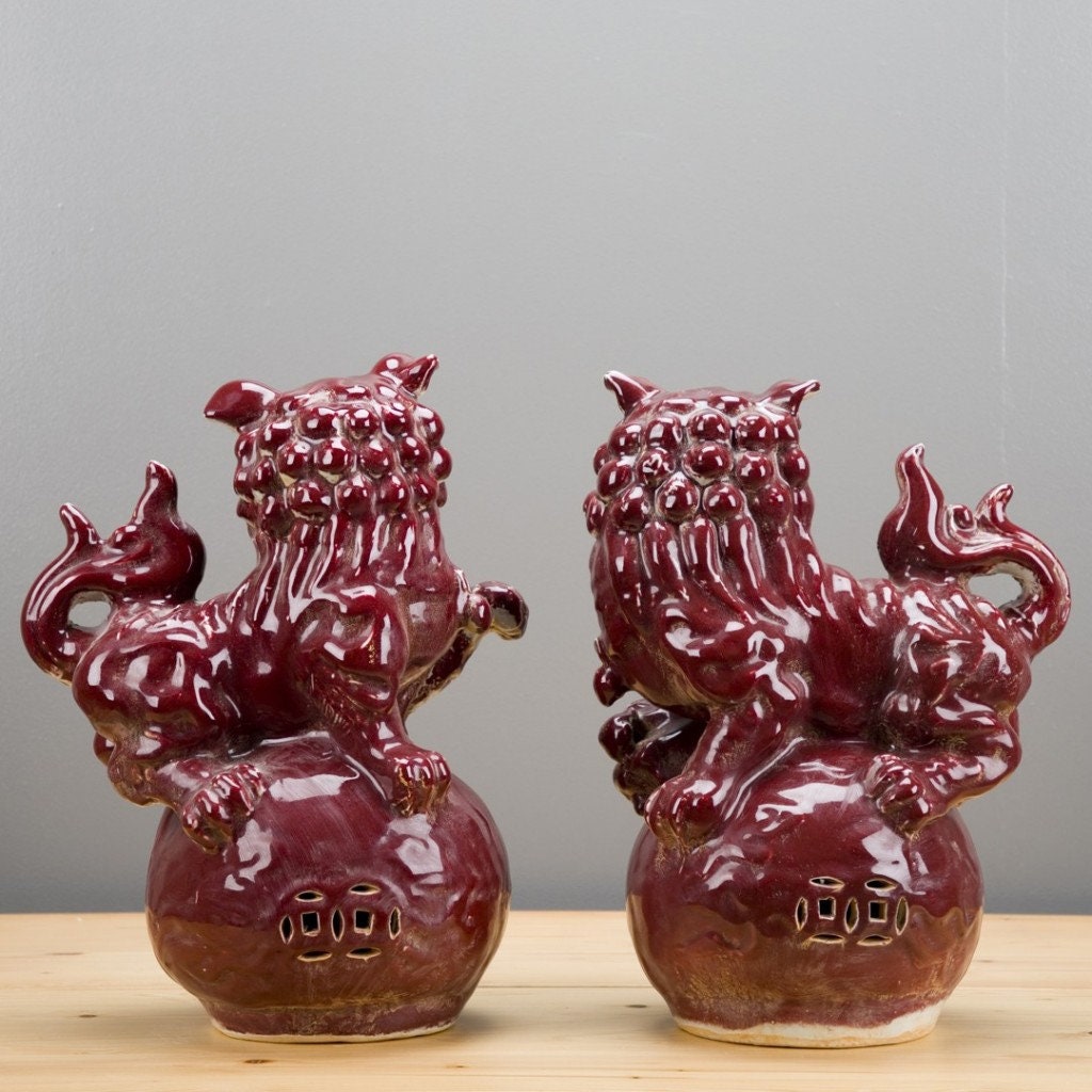 Porcelain Red Foo Dogs Figurines | Etsy