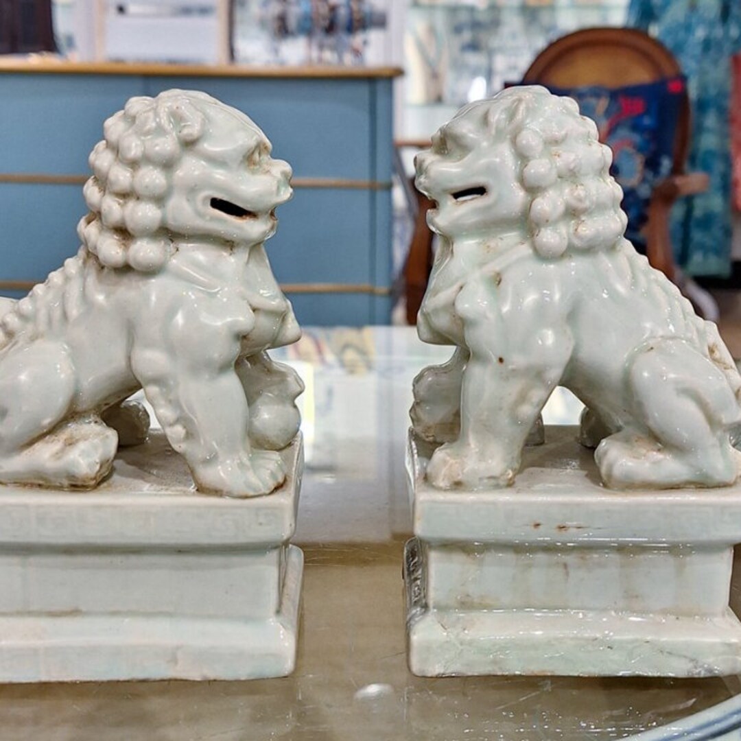 Set of Two Hand Painted Porcelain Good Luck Foo Dogs Figurines-6.25''h ...