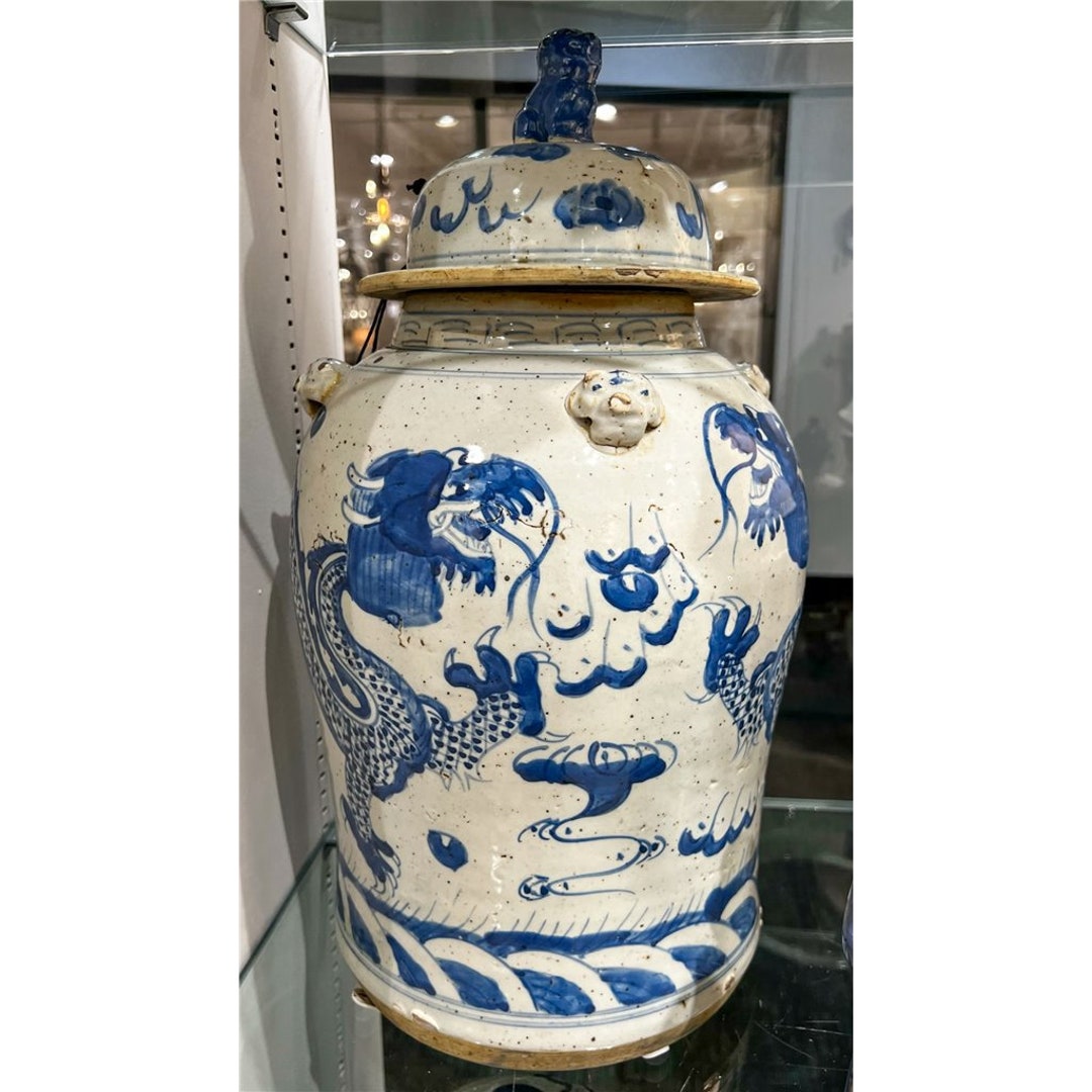 Classic Blue and White Lidded Lion Jar Dragon 18.5''H - Etsy