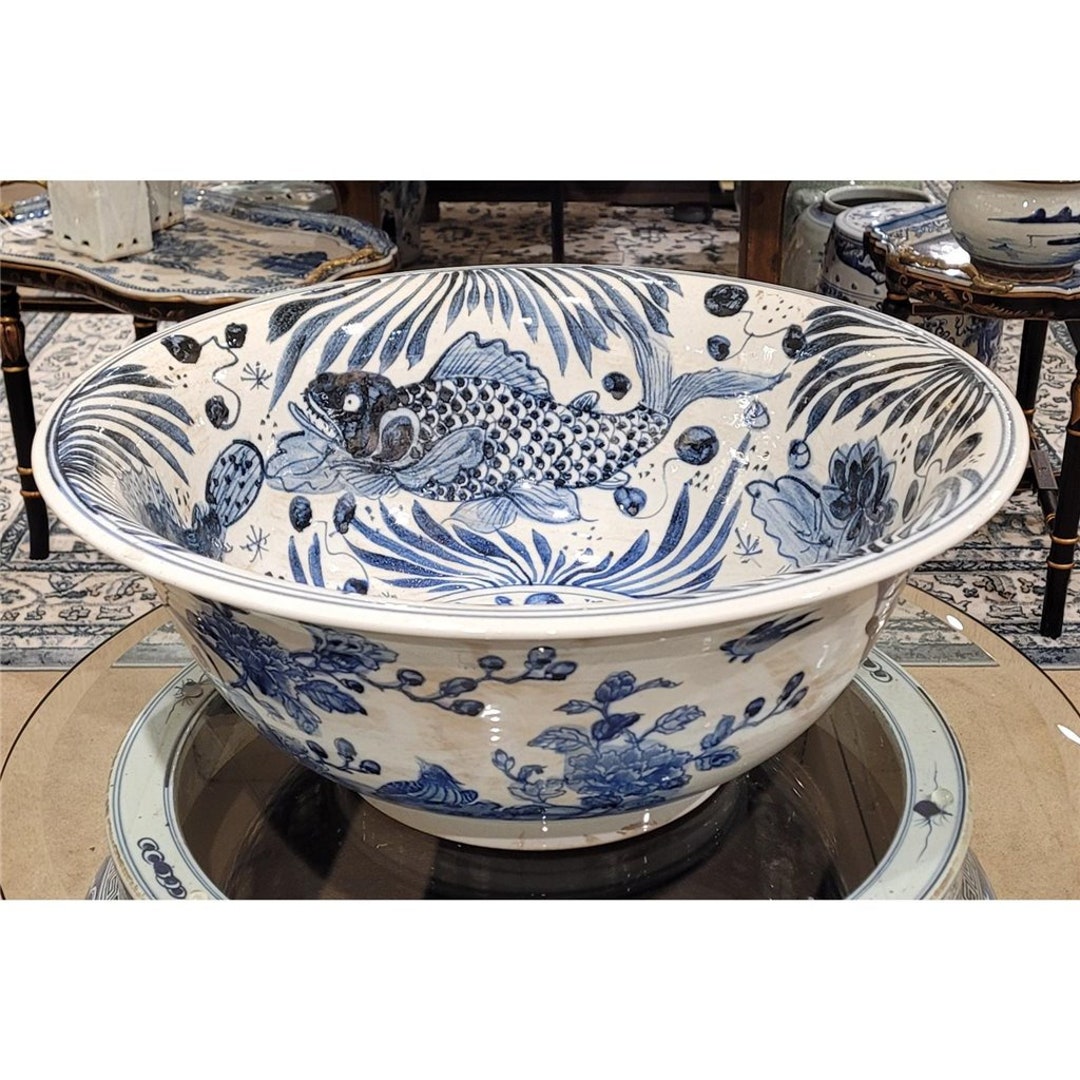 Large Blue & White Porcelain Bell Shaped Fish Motif Bowl Planter-20''l ...