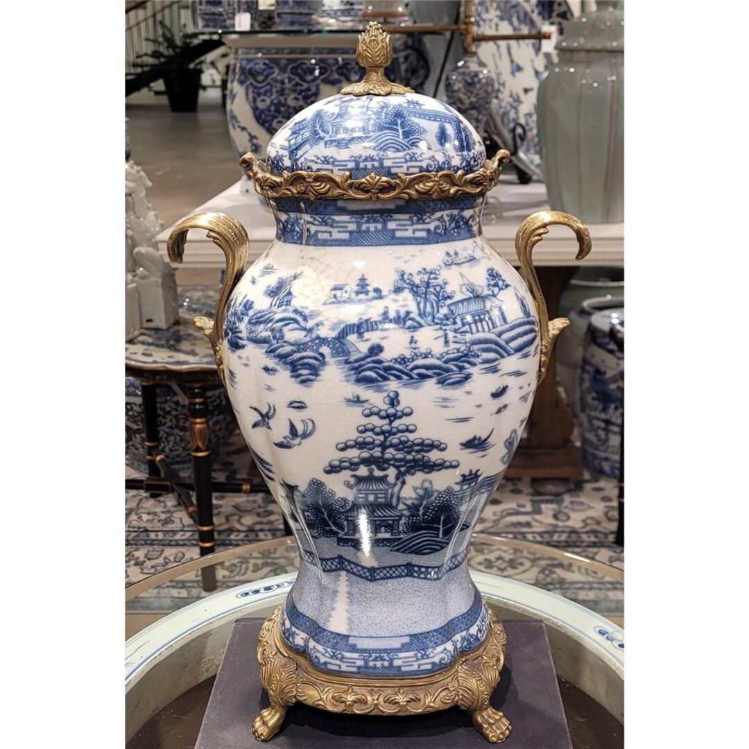 Porcelain Blue Willow Royal Vase/jar With Bronze Ormolu-18''h - Etsy