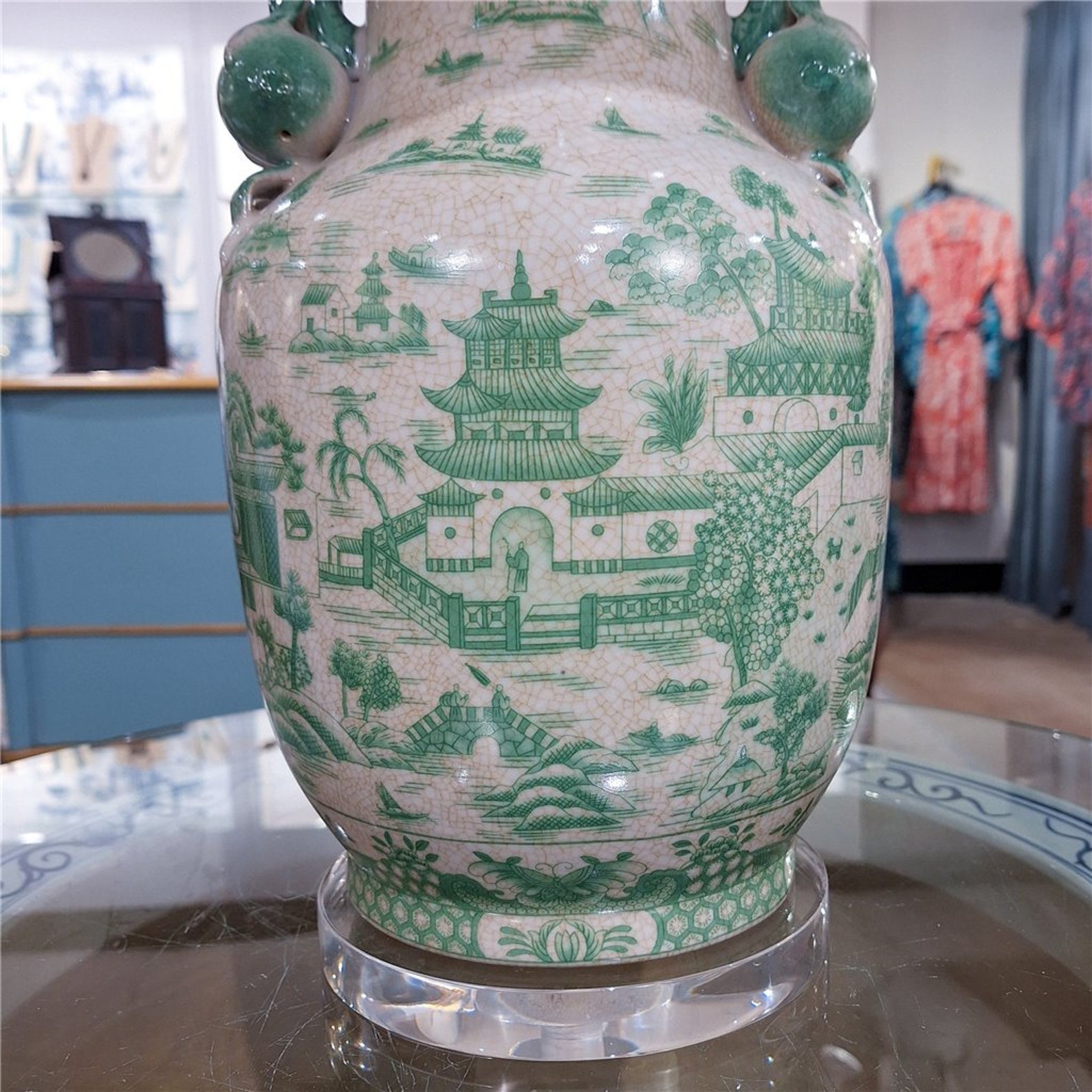 Porcelain Green and White Chinoiserie Table Lamp With Acrylic Base-30 ...