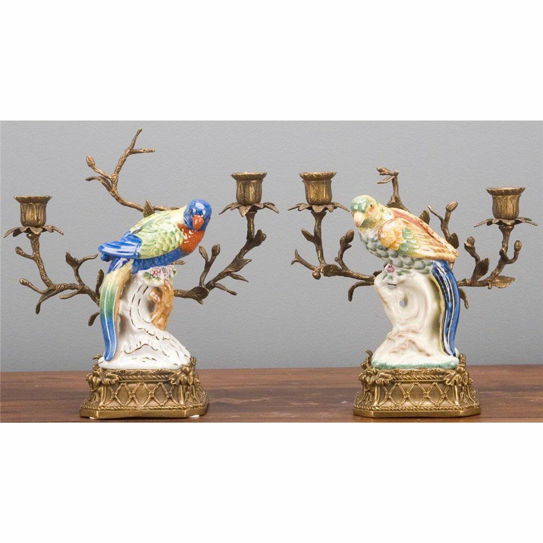 Porcelain Pair of Parrots Candlesticks With Bronze Accents - Etsy