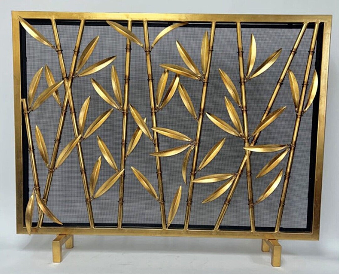 Bamboo Branches & Leaves Fireplace Screen Meshed Antique Gold-41.5''w ...