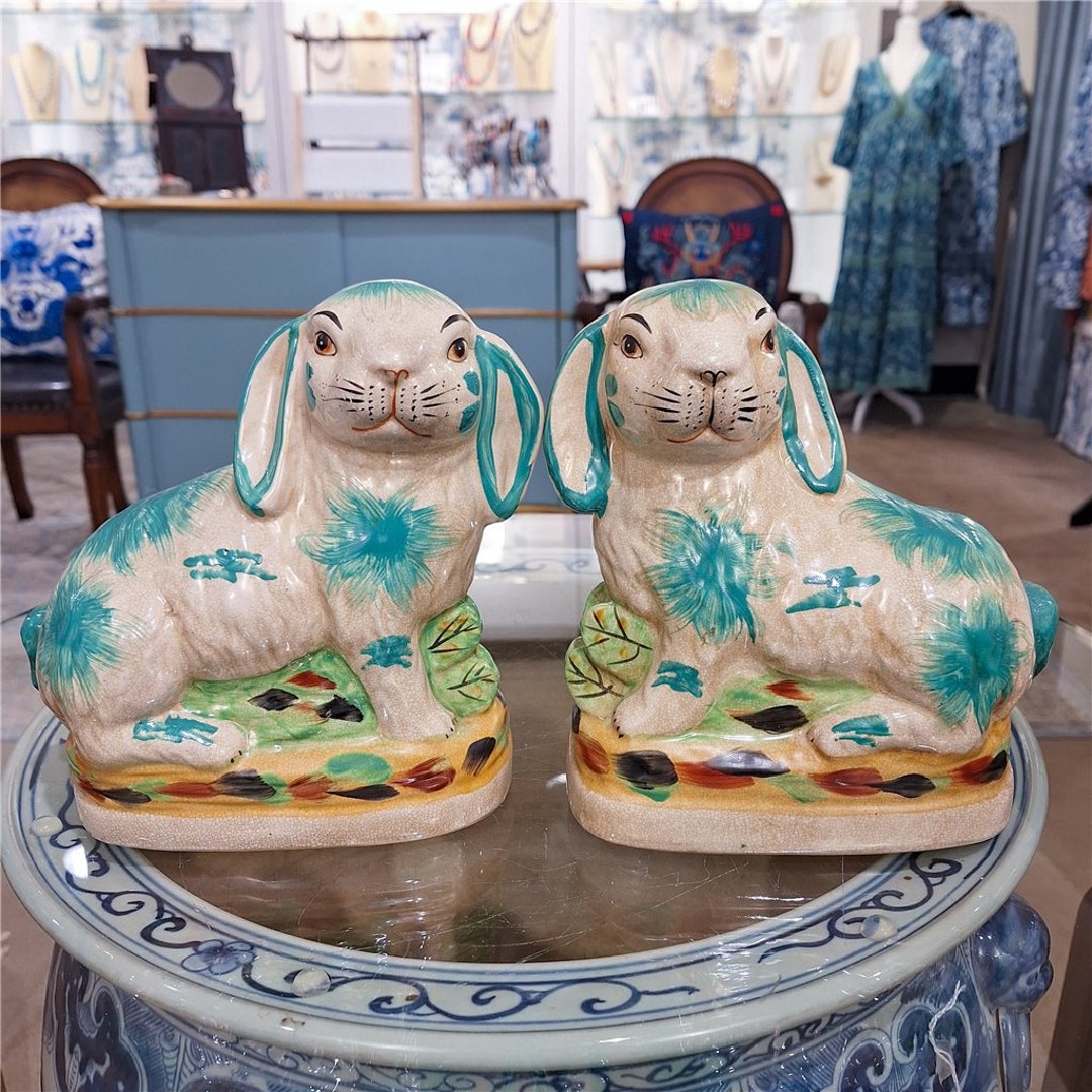 Staffordshire Reproduction Green Bunnies Hares Figurines Pair-8h - Etsy