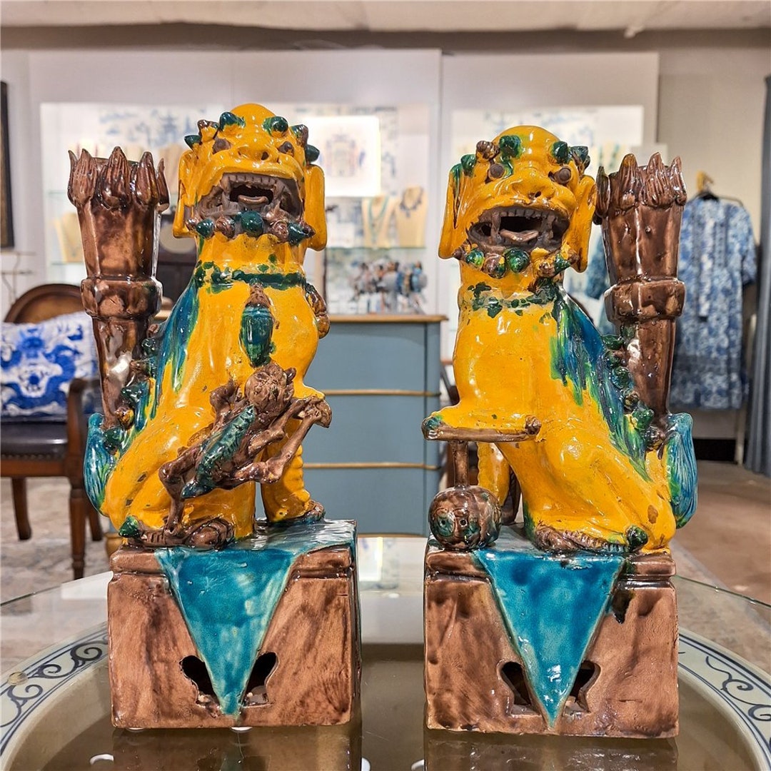 Good Luck Pair of Unique Yellow and Turquoise Chinese Foo Dogs ...