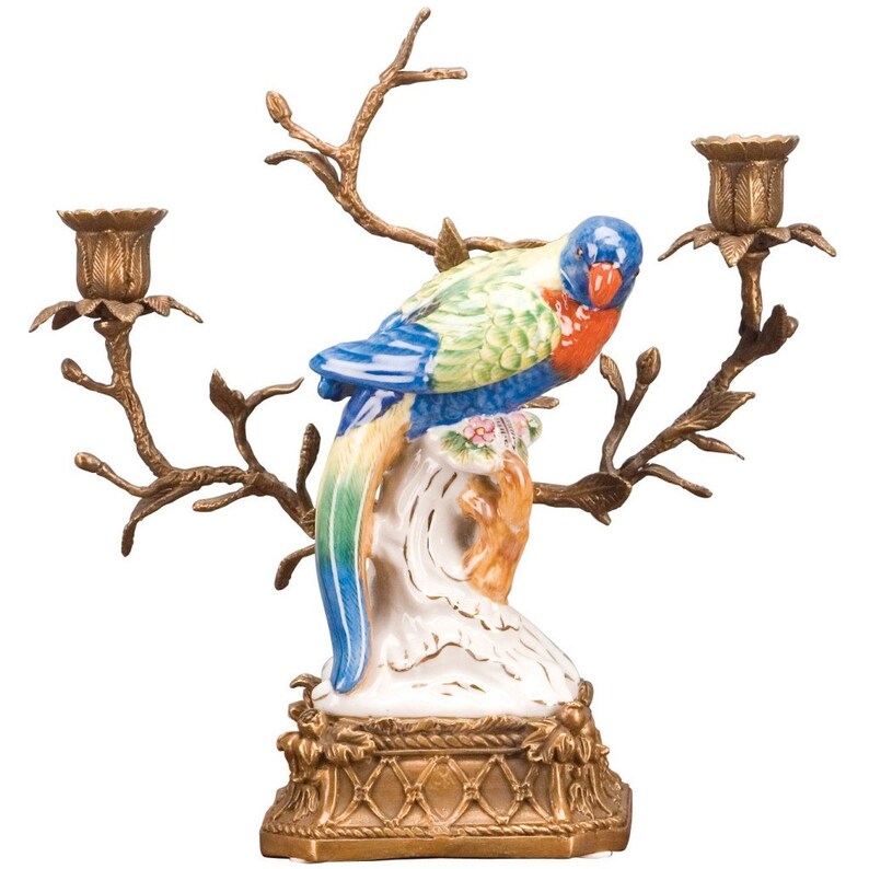 Porcelain Pair of Parrots Candlesticks With Bronze Accents - Etsy