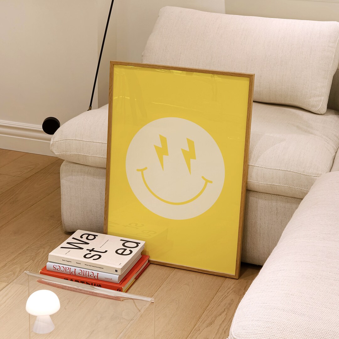 Yellow Smiley Face, Lightning Bolt Smiley Face, Retro Wall Art, Smiley ...