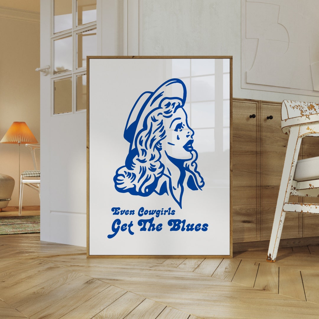Vintage Western Print, Blue Retro Western Print, Blue Wall Art, Vintage ...
