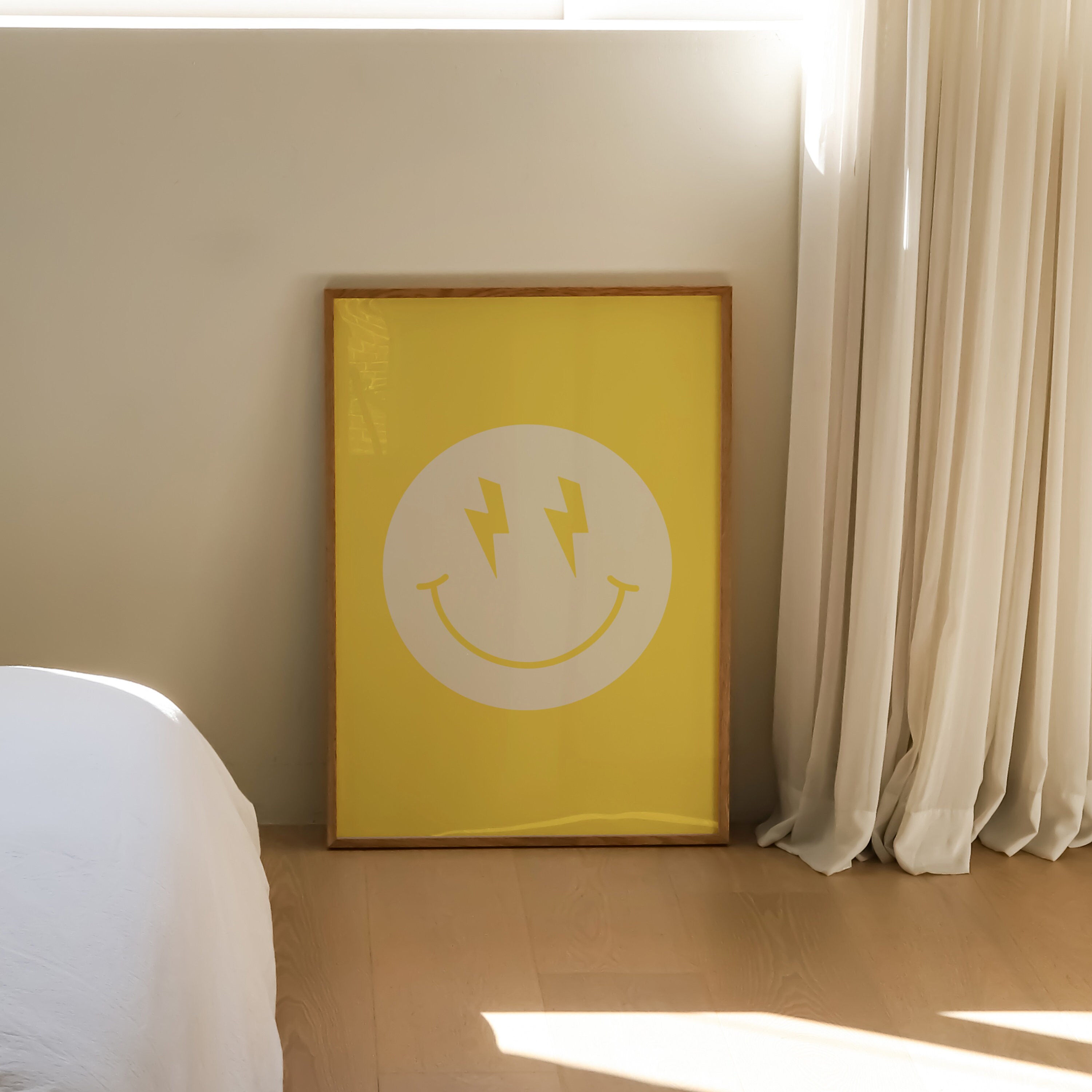 Yellow Smiley Face, Lightning Bolt Smiley Face, Retro Wall Art, Smiley ...