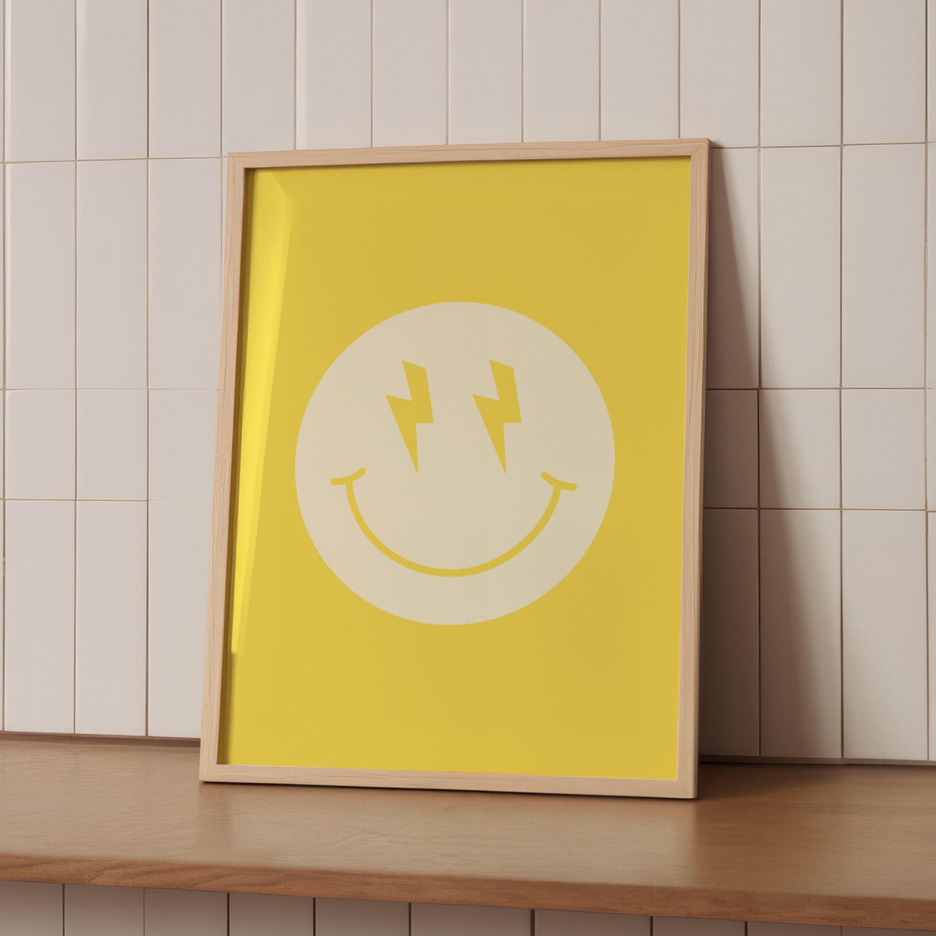 Yellow Smiley Face, Lightning Bolt Smiley Face, Retro Wall Art, Smiley ...