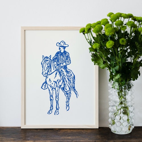 Retro Cowboy Wall Art Blue Western Print Cowboy Print | Etsy