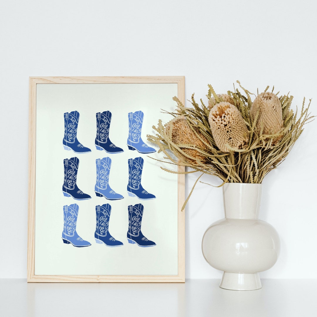 Blue Western Print Cowboy Boots Poster Boho Wall Art Boho - Etsy
