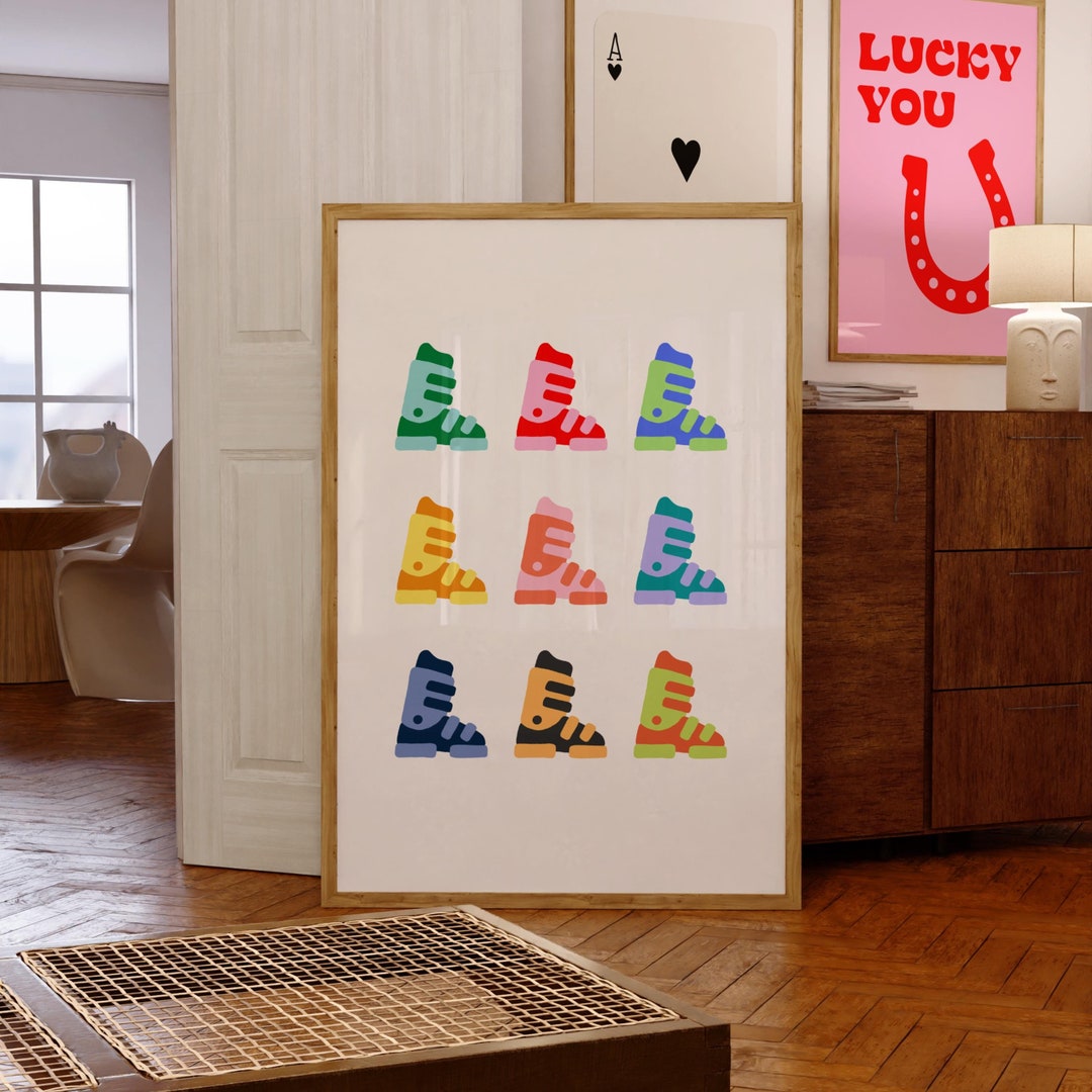 Colorful Ski Poster, Ski Boot Wall Art, Winter Ski Print, Snowboarder ...