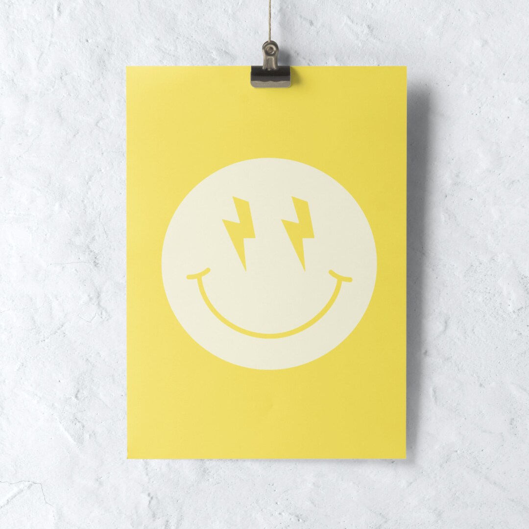 Yellow Smiley Face Lightning Bolt Smiley Face Retro Wall - Etsy