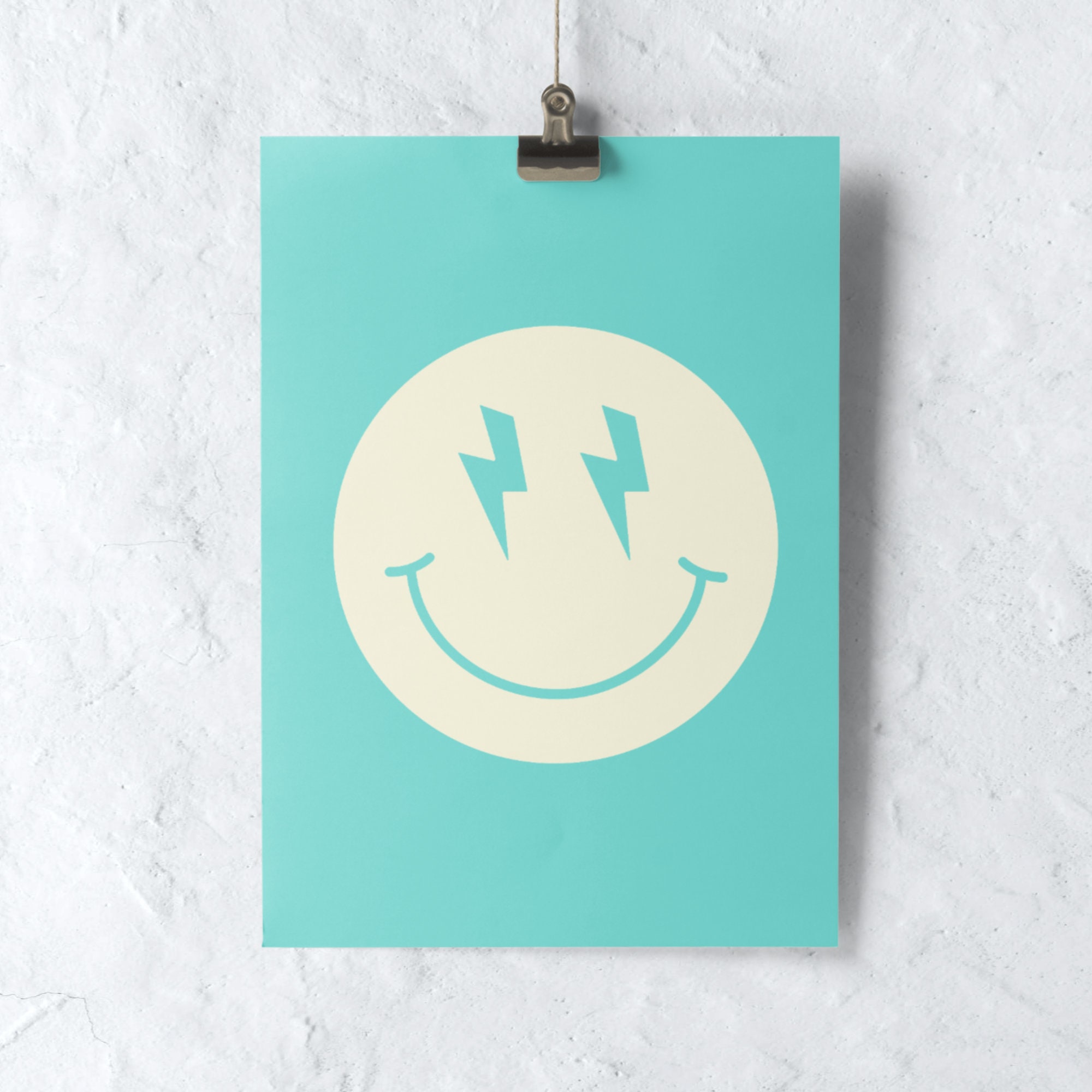 Smiley Face Poster Aqua Wall Art Retro Print Lightning Bolt - Etsy