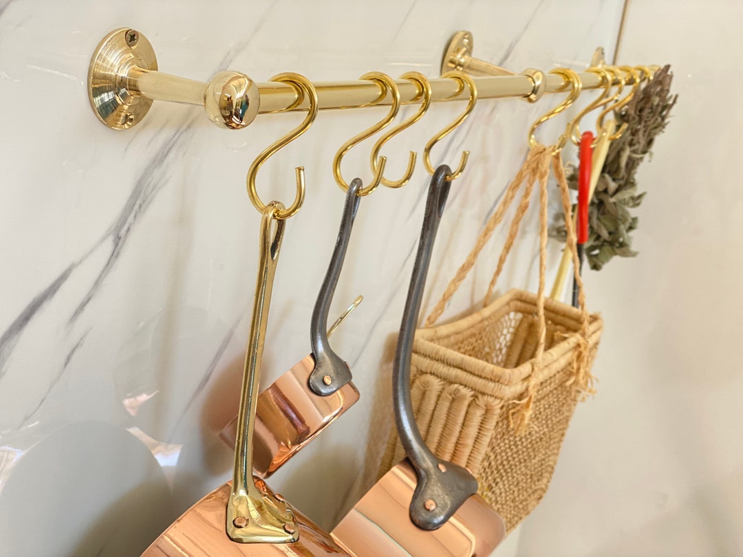 Unlacquered Brass Pot Rail With "s' Hooks, Antique Style Unlacquered ...