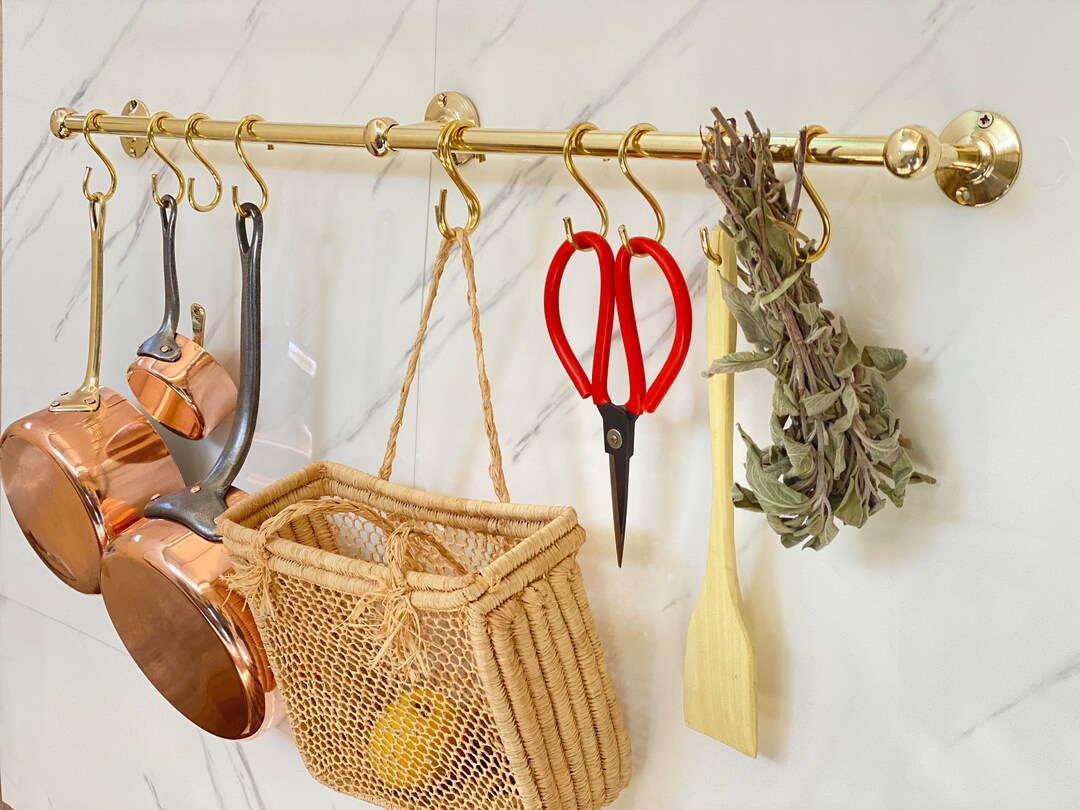 Unlacquered Brass Pot Rail With "s' Hooks, Antique Style Unlacquered ...