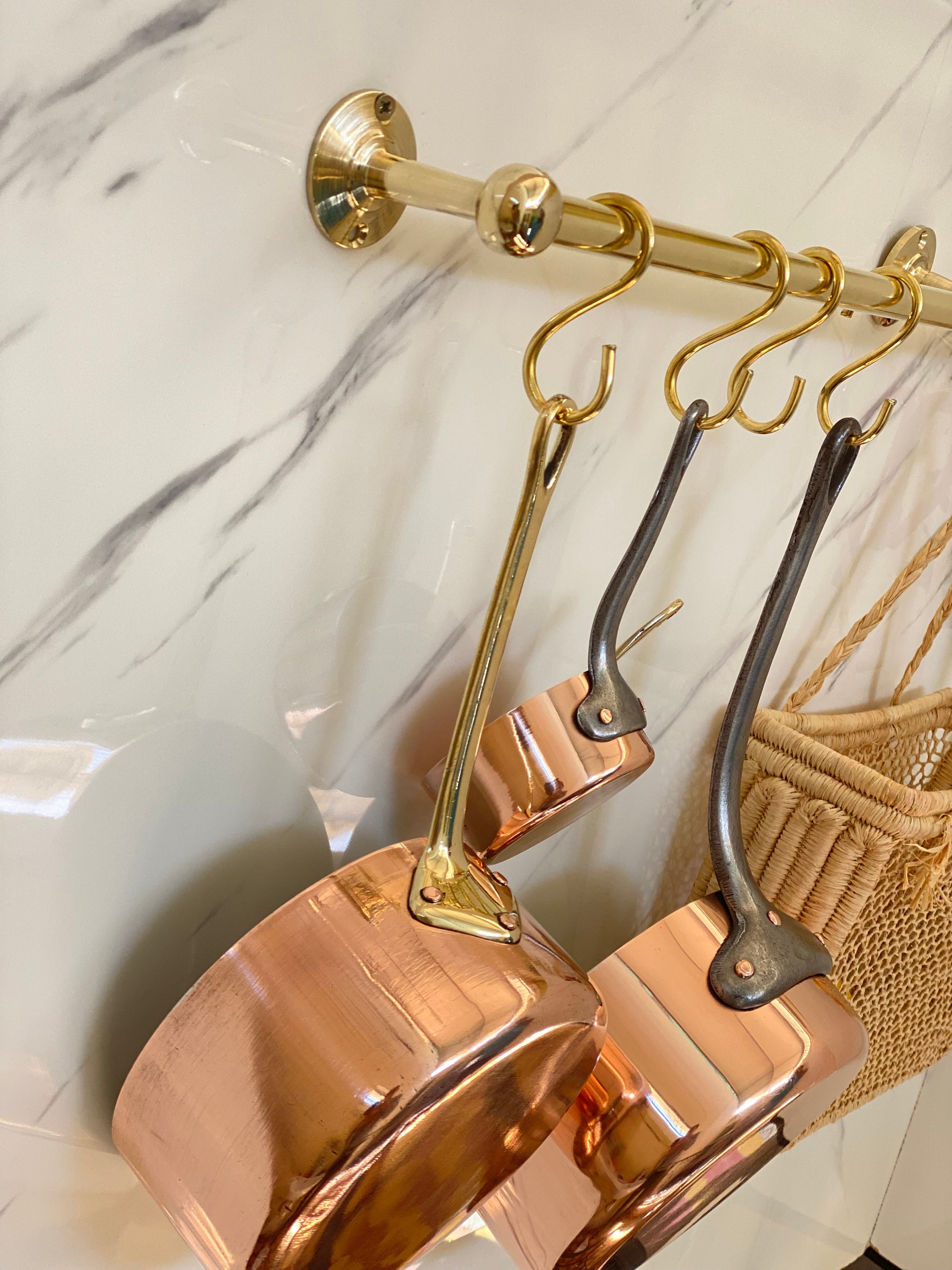 Unlacquered Brass Pot Rail With "s' Hooks, Antique Style Unlacquered ...