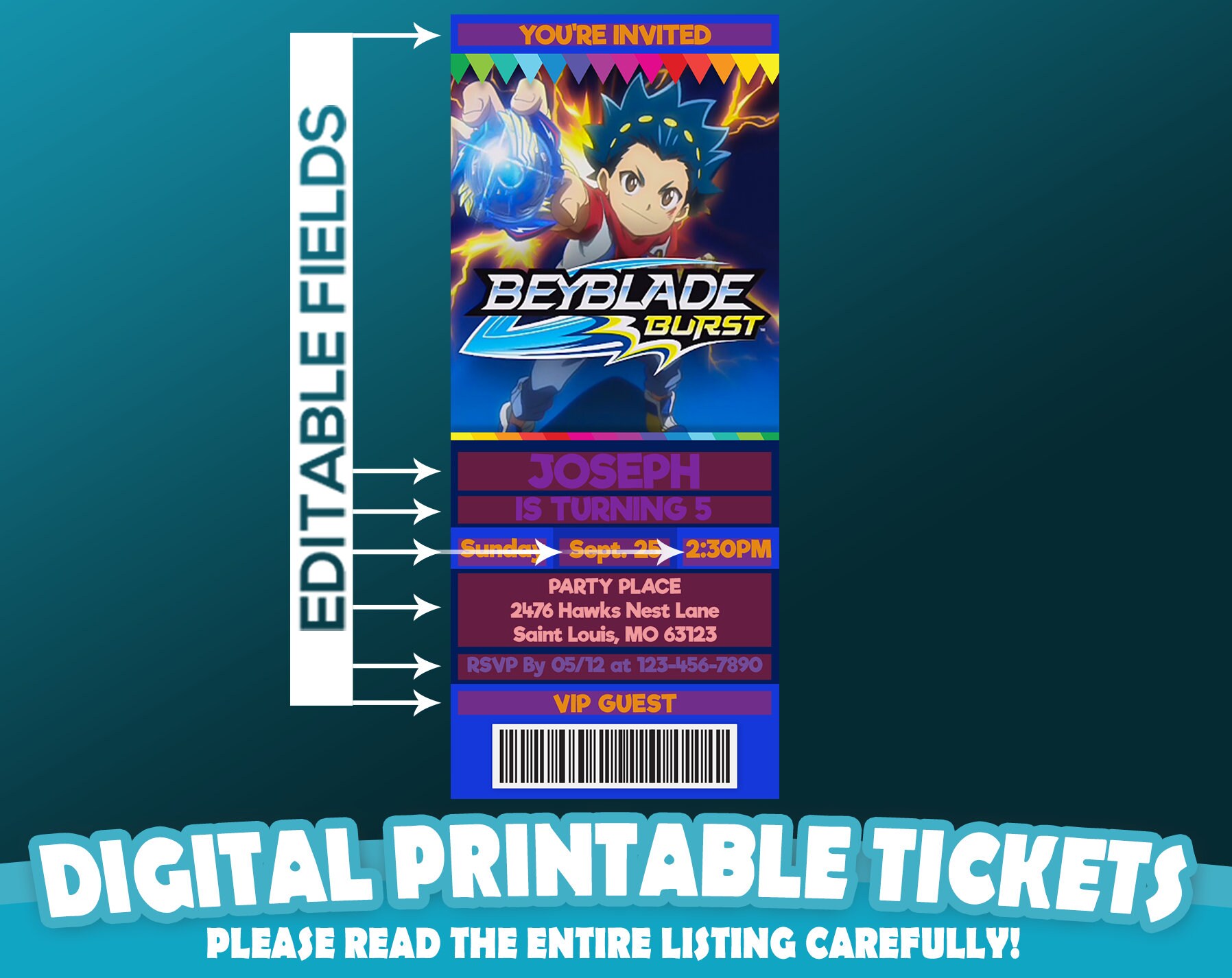 Beyblade Burst Ticket Invitation, Beyblade Burst Birthday Invite ...