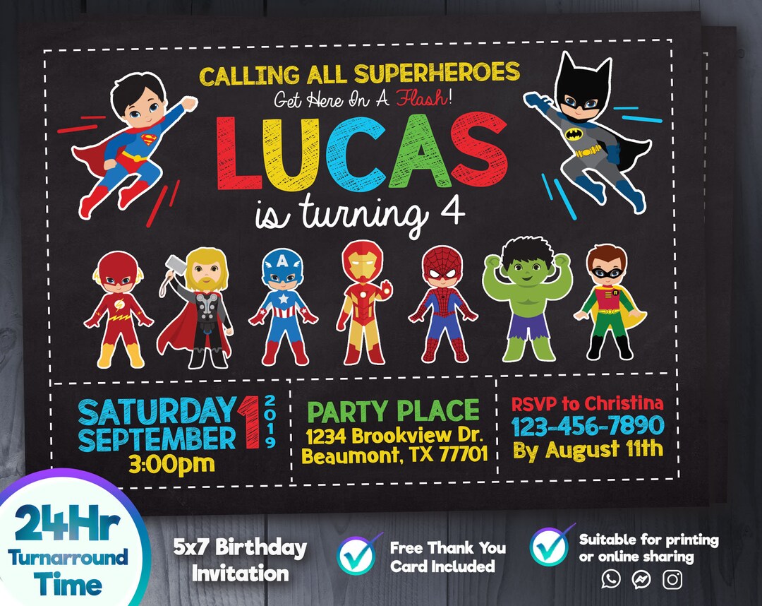 Superheros Birthday Invitation, Super Heros Printable Birthday Party ...