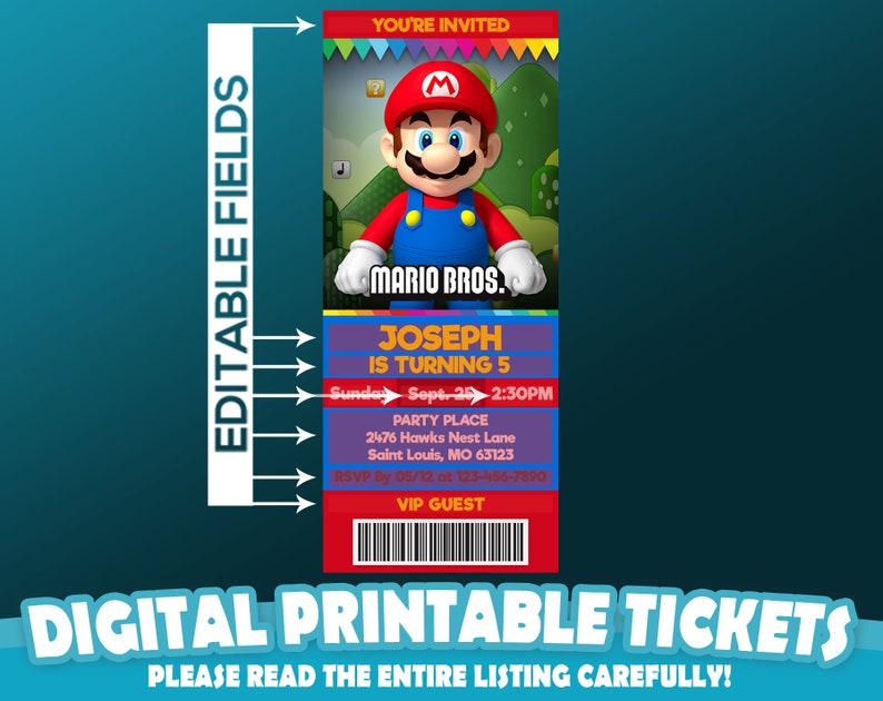 Super Mario Bros Ticket Invitation Mario Bros Birthday - Etsy México