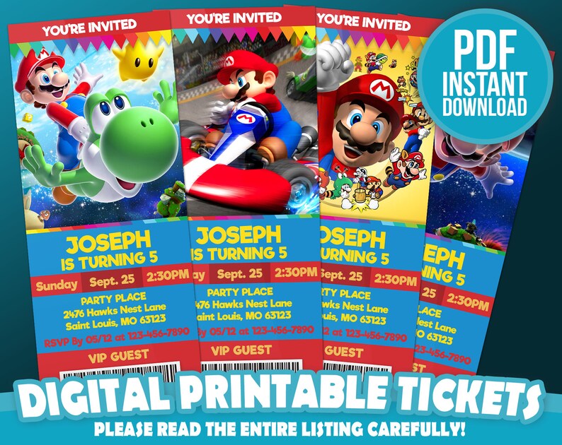 Mario Bros Ticket Invitation, Mario Bros Birthday Invite, Mario Bros ...