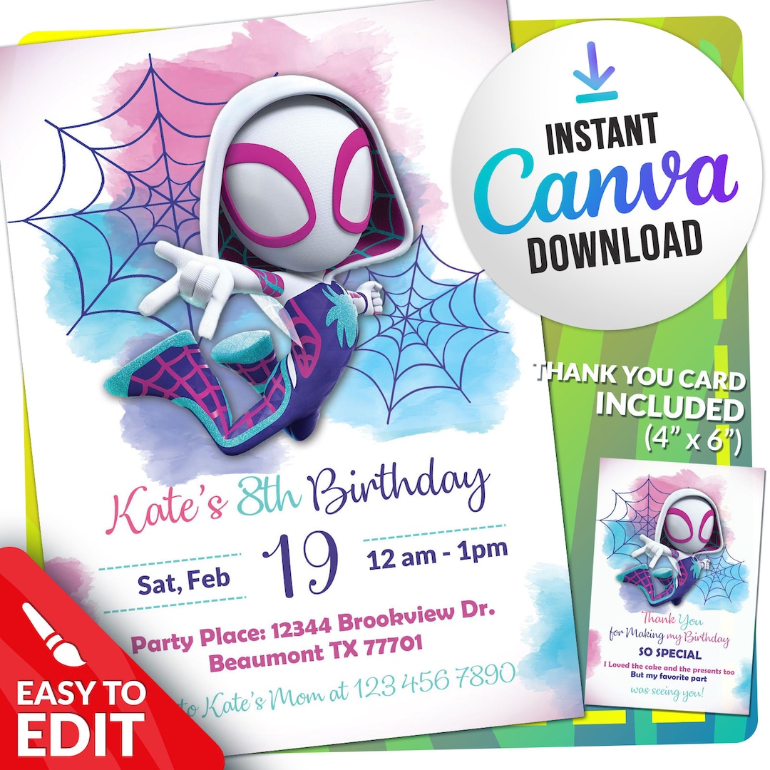 Gwen Birthday Invitation, Spider Gwen Printable Birthday Party ...