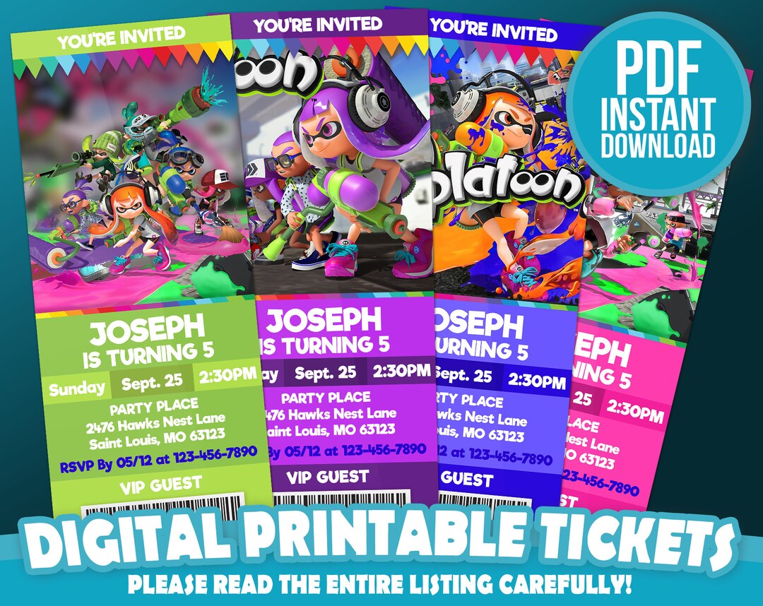 Splatoon Ticket Invitation, Splatoon Birthday Invite, Splatoon Digital ...