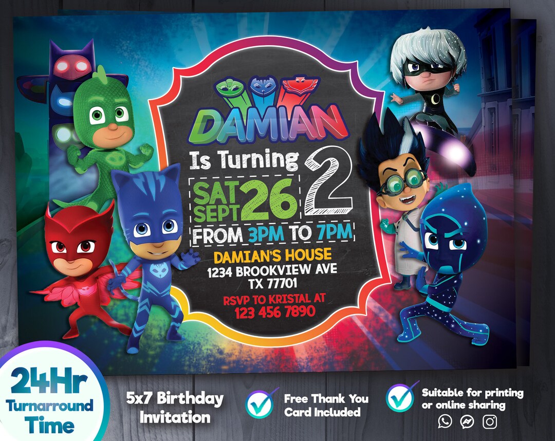 Pj Masks Birthday Invitation, Pj Masks Printable Birthday Party ...