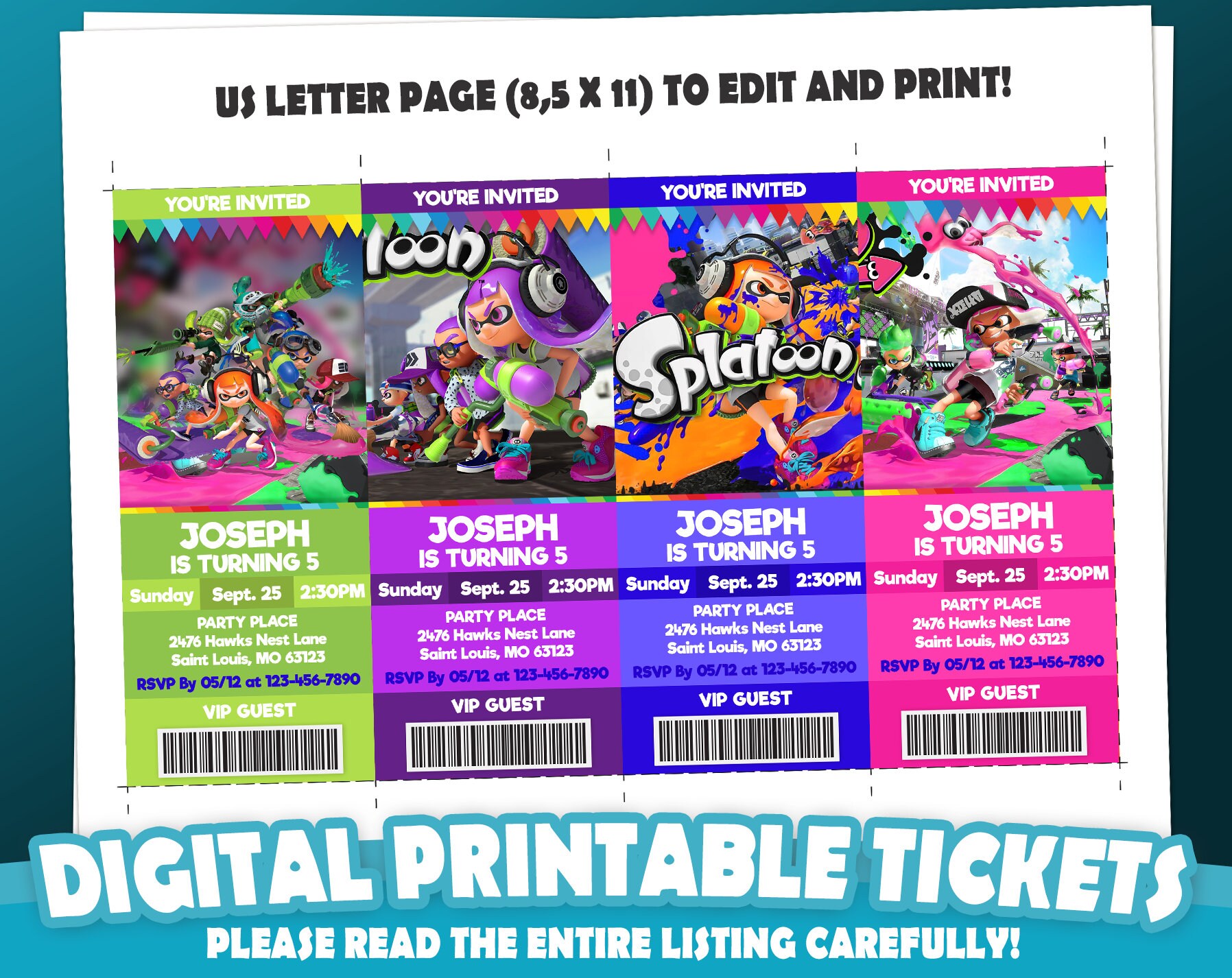 Splatoon Ticket Invitation, Splatoon Birthday Invite, Splatoon Digital ...