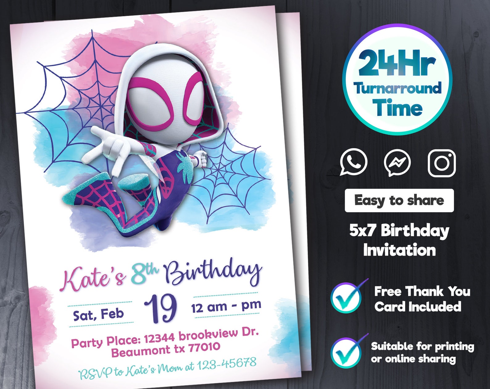 Gwen Birthday Invitation, Spider Gwen Printable Birthday Party ...