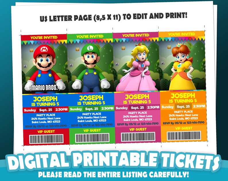 Super Mario Bros Ticket Invitation, Mario Bros Birthday Invite, Mario ...