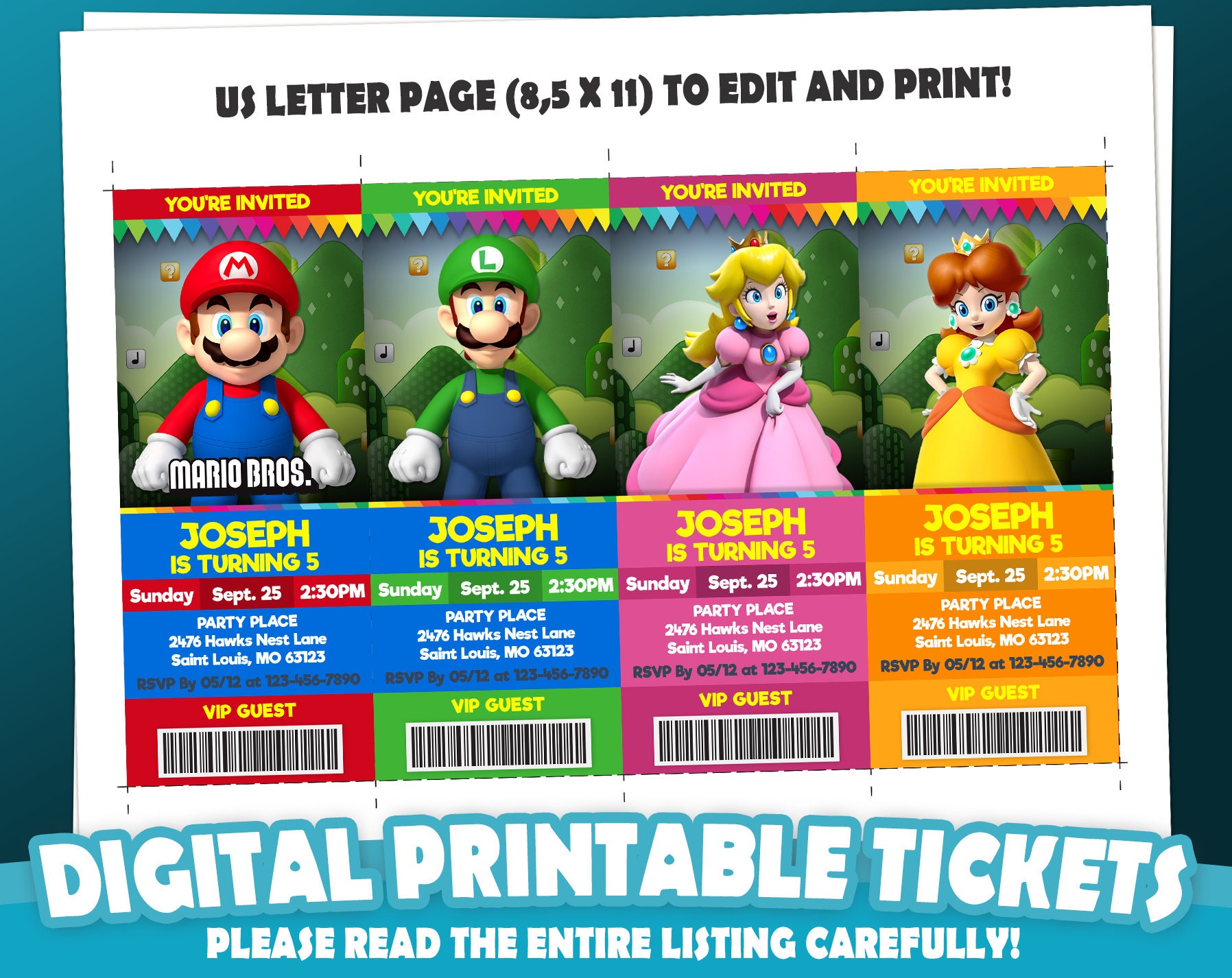 Super Mario Bros Ticket Invitation Mario Bros Birthday - Etsy México