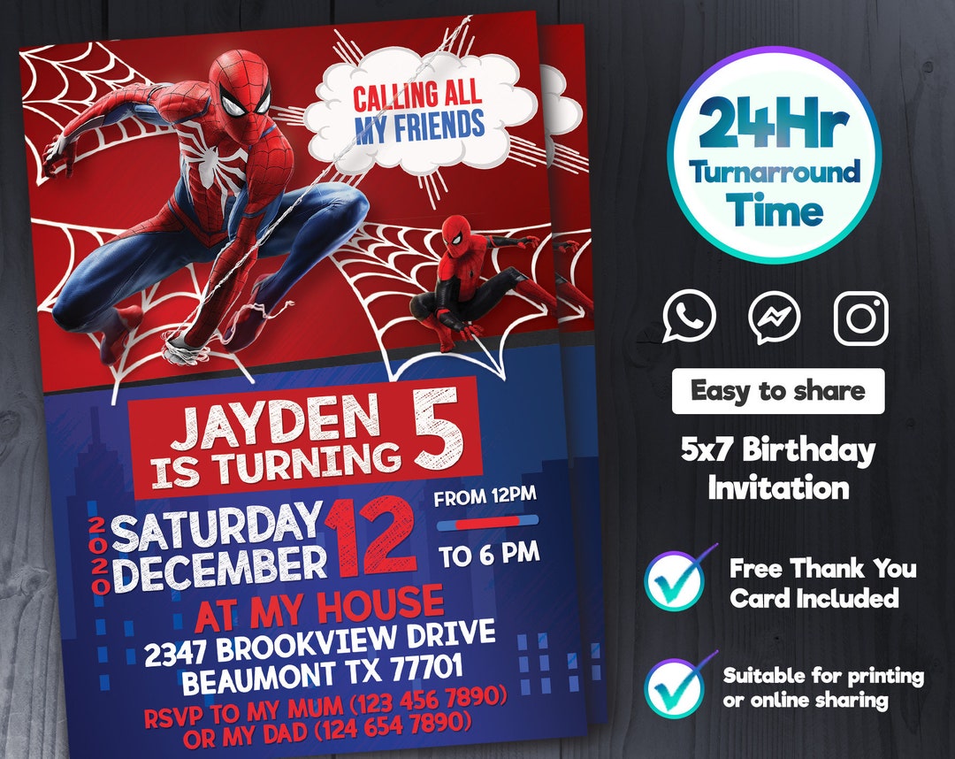 Spiderman Birthday Invitation, Spiderman Printable Birthday Party ...