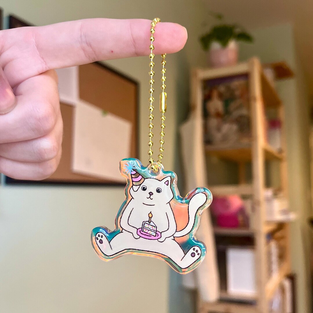 Toot the Cat Birthday Iridescent Acrylic Charm With Gold Chain ...