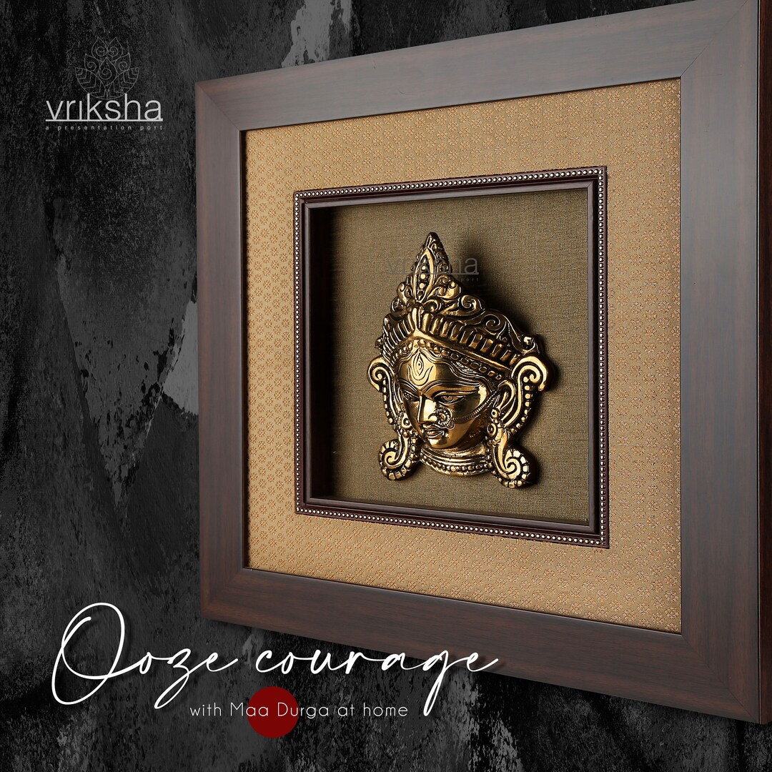 Goddess Durga Brass Idol Framed on Silk: Hindu Home Decor (16in X 16in ...
