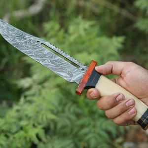 Handmade Damascus Rambo Knife With Bone Handle Survival Knife ...
