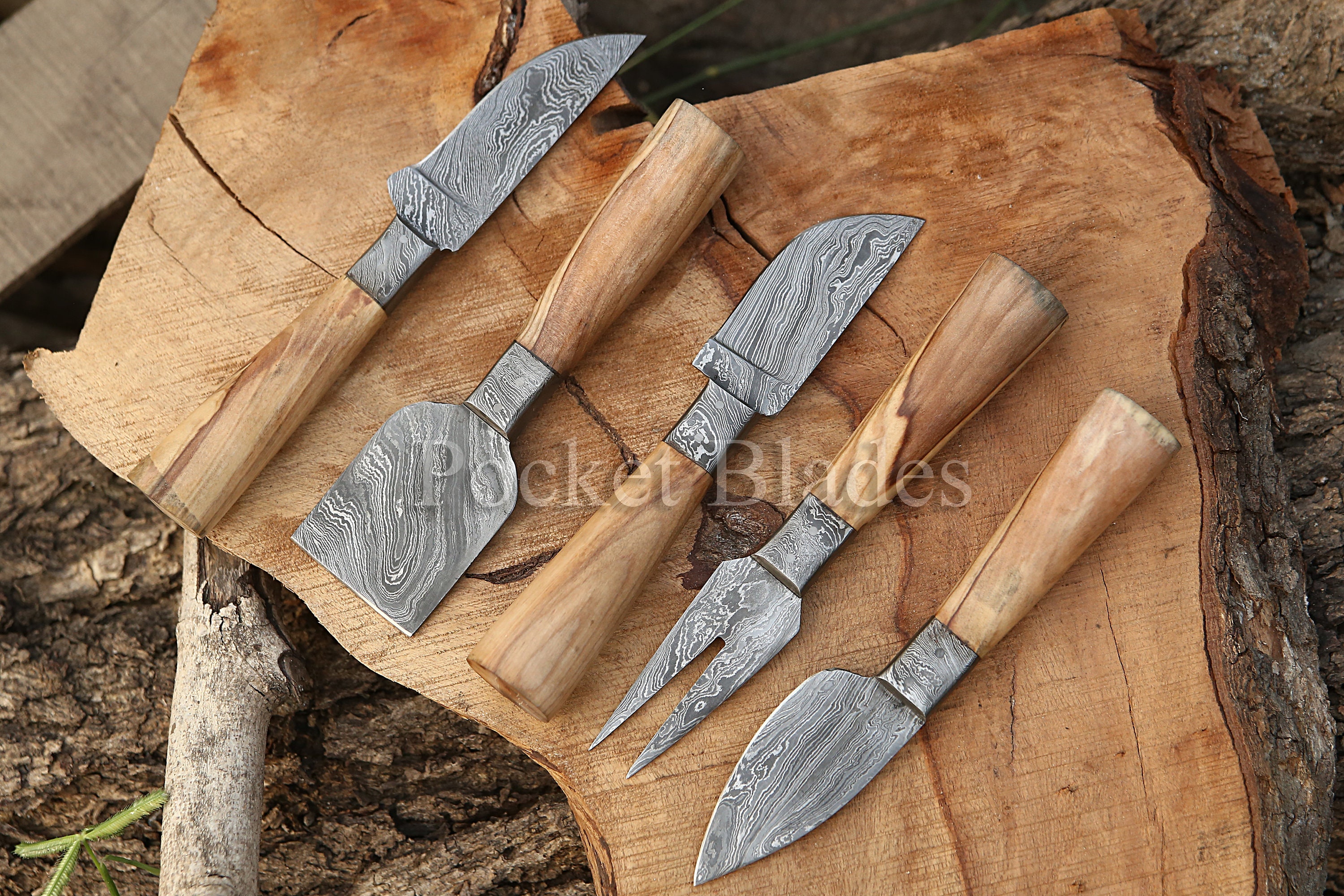 Handmade Damascus Cheese Knife Set of 5 Pcs With Olive Wood Handle ...