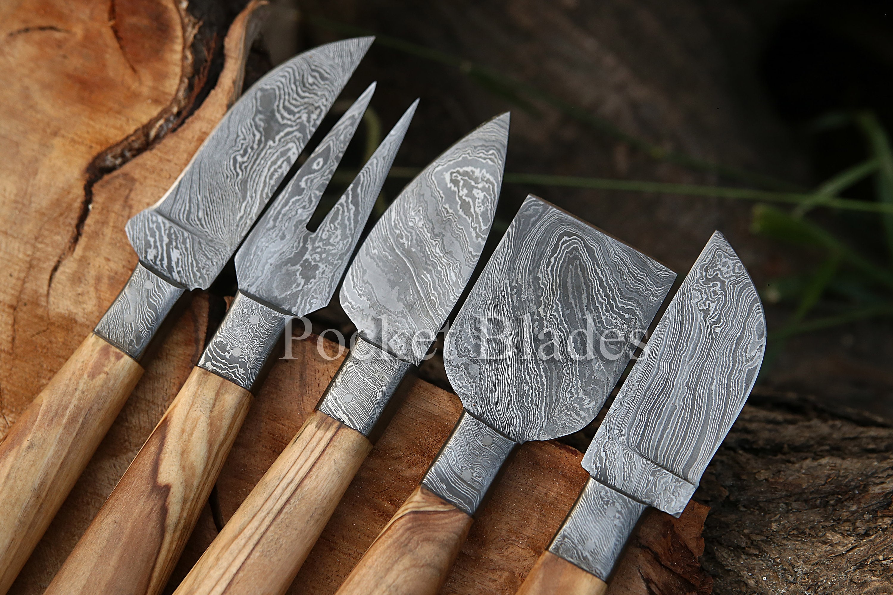 Handmade Damascus Cheese Knife Set of 5 Pcs With Olive Wood Handle ...
