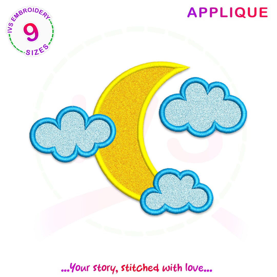 Moon With Clouds Applique Embroidery Design, Moon Machine Embroidery ...