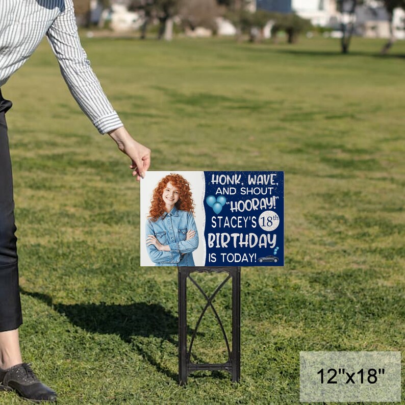 Blue & Silver Happy Birthday Yard Sign With Photo, Drive by Birthday ...