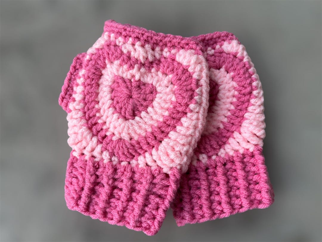 Pink / Light Pink Crochet Heart Fingerless Mittens, Valentine’s Day ...