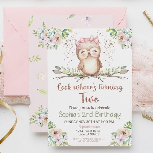 Editable Owl Invitation Girl Owl Birthday Party Invitation - Etsy