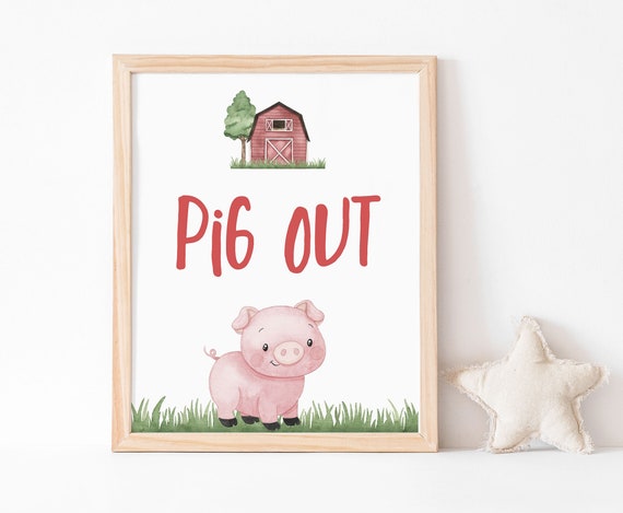 Pig out table sign, Farm pig sign, Farm animals birthday decoration ...