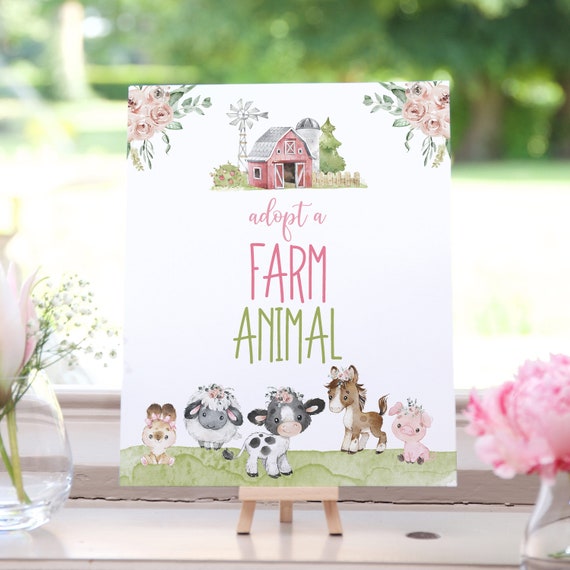 Adopt a farm animal sign, Girl Farm table sign, Floral Farm Party sign ...